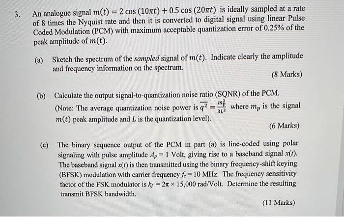 An analogue signal mt = 2 cos(10rt) + 0.5 cos(20rt) is ideally sampled at a rate of 8 times the ...