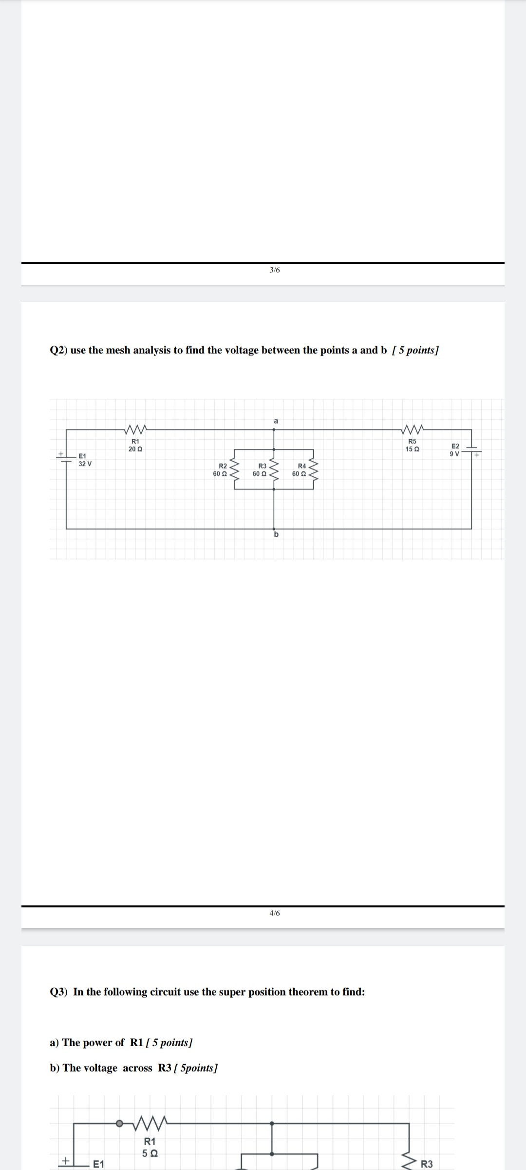 3 / 6 Q2) use the mesh analysis to find the voltage between the points a and b [ 5 points] 4 / 6 ...