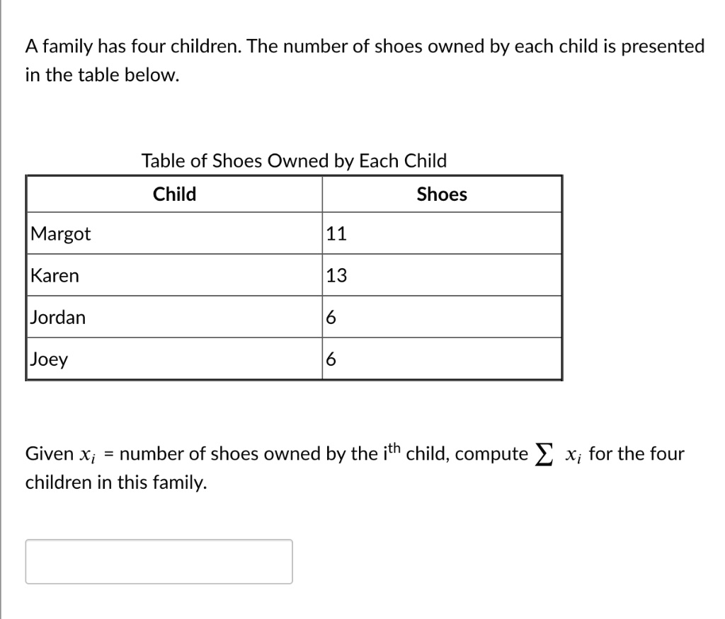 SOLVED: A family has four children: The number of shoes owned by each ... SOLVED: A family has four children: The number of shoes owned by each ...
