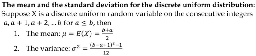 SOLVED: The mean and the standard deviation for the discrete uniform ...
