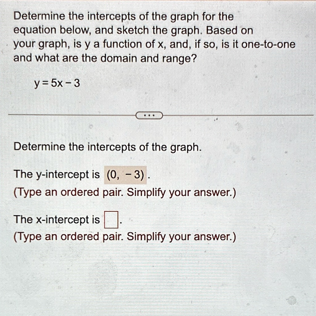 SOLVED: Determine the intercepts of the graph for the equation below, and sketch the graph ...