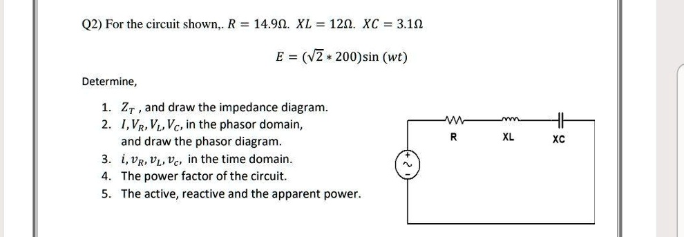 i need answer quickly q2 for the circuit shown r 1490 xl 120 xc 310 e vz 200sin wt determine zt ...