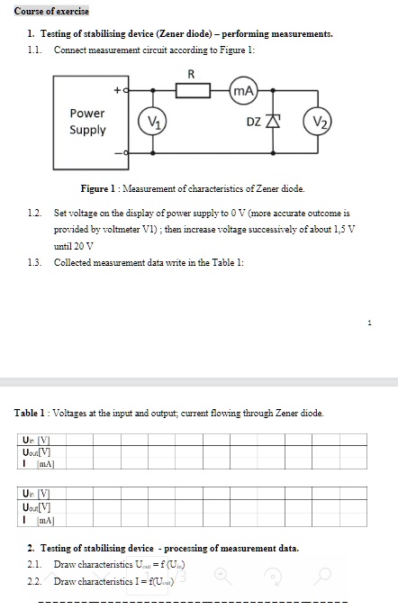 Course of exercise 1. Testing of stabilising device (Zener diode ...