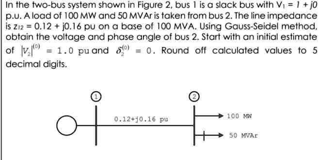 in the two bus system shown in figure 2 bus is slack bus with vi j0 pu aload of 100 mw and 50 ...