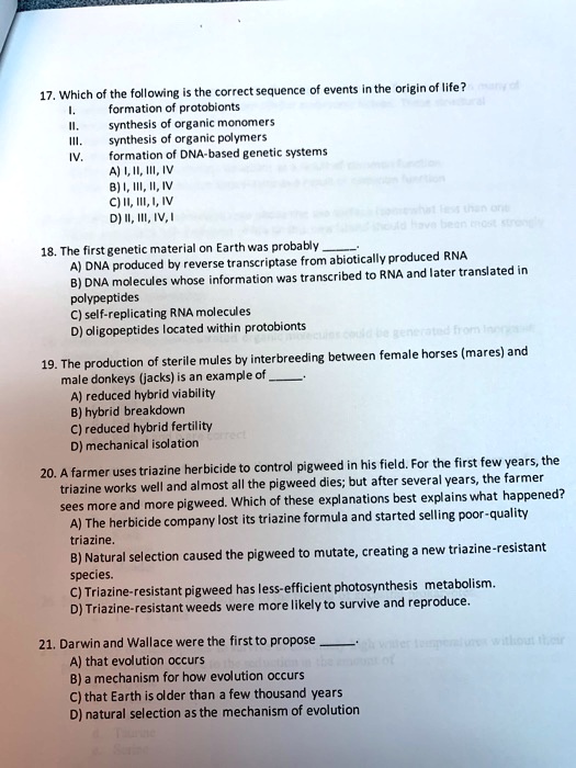 the correct sequence events the origin of life 17 which of the ...