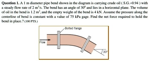 SOLVED: A 1 m diameter pipe bend shown in the diagram is carrying crude oil (S.G.=0.94) with a ...