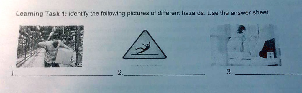 SOLVED: Learning Task 1: Identify the following pictures of different hazards. Use the answer ...