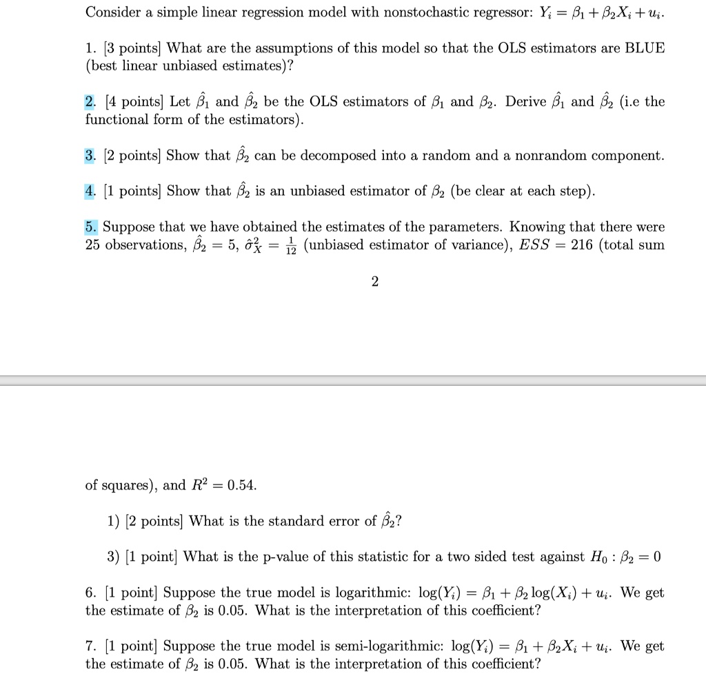 SOLVED: Consider a simple linear regression model with nonstochastic regressor: Y = Î²0 + Î²1X ...