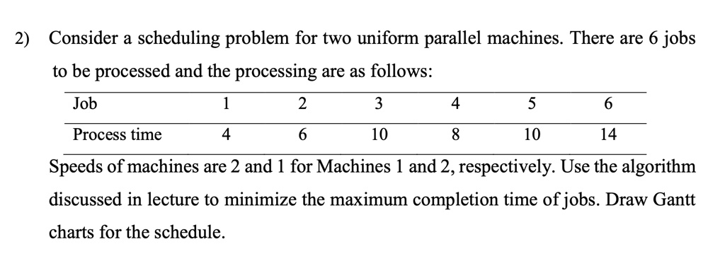 SOLVED: 2) Consider a scheduling problem for two uniform parallel machines. There are 6 jobs to ...