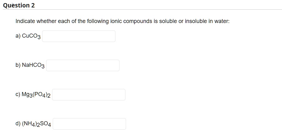 SOLVED: Indicate whether each of the following ionic compounds is soluble or insoluble in water ...