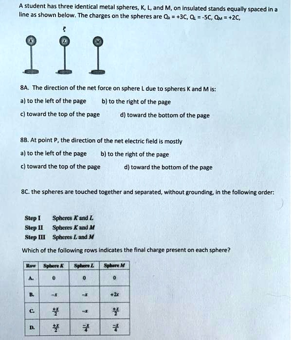 SOLVED: A student has three identical metal spheres, K, L, and M,on ...