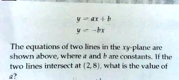 SOLVED: y = ax | b Y = -bx The equations of two lines in the xy-plane are shown above, where a ...