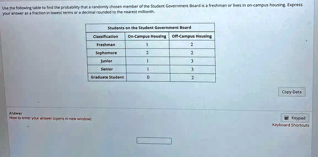 SOLVED: Use the following table to find the probability that a randomly ...
