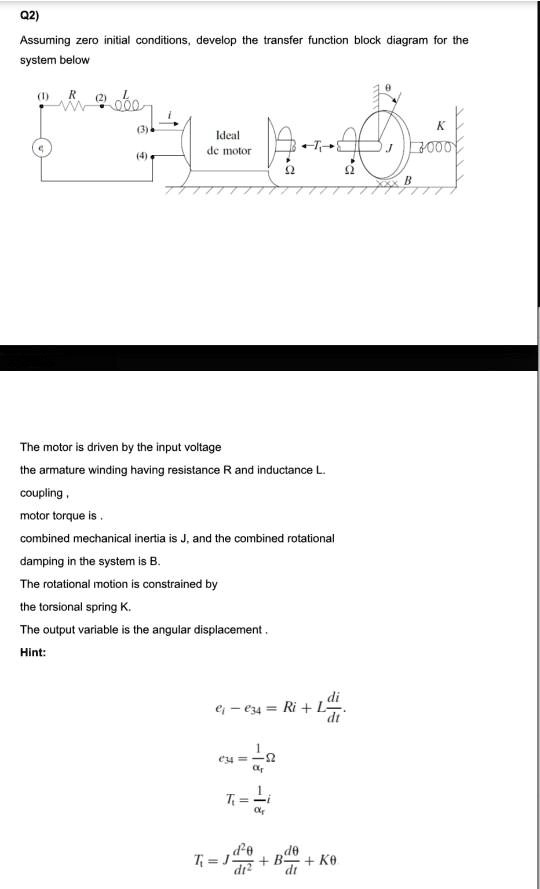 Q2) Assuming zero initial conditions, develop the transfer function block diagram for the system ...