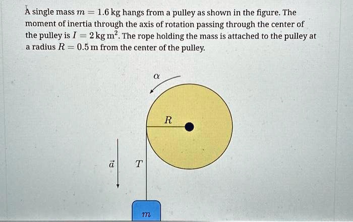 SOLVED: A single mass m = 1.6 kg hangs from a pulley as shown in the ...