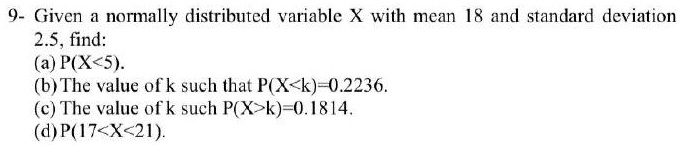 SOLVED: 9- Given normally distributed variable X with mean 18 and standard deviation 2.5,find ...