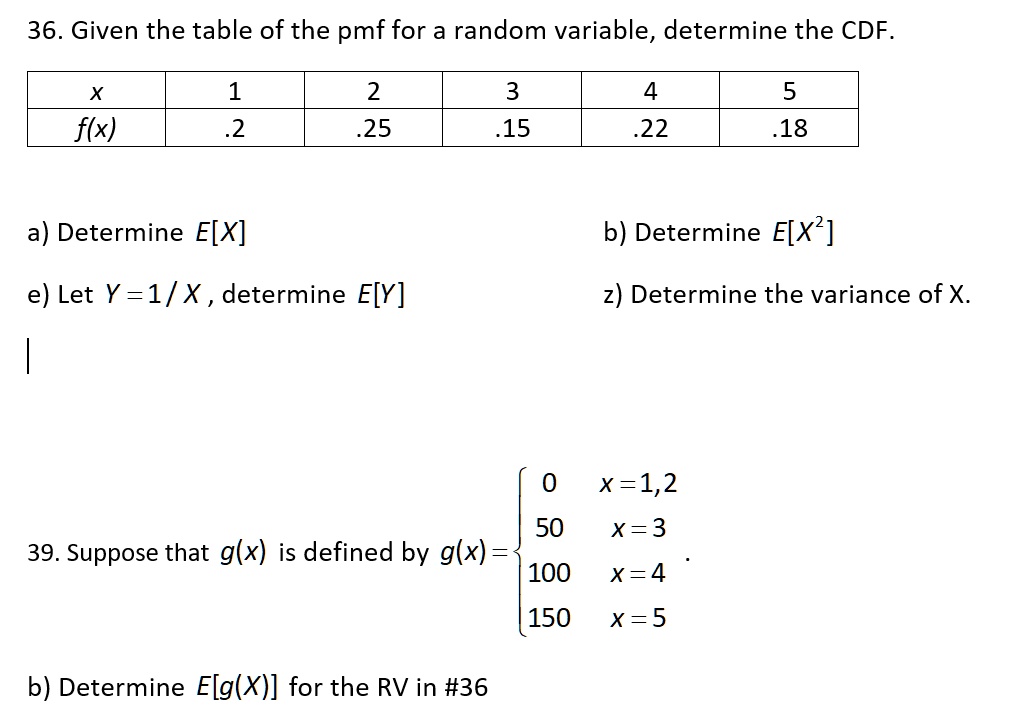 Solved 36 Given The Table Of The Pmf For A Random Variable Determine The Cdf 2 3 5 18 Fx 4451