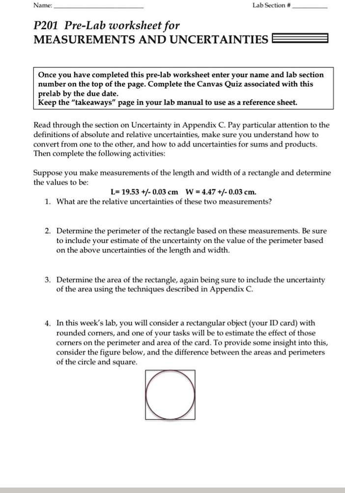 SOLVED: Name: Lab Section P201 Pre-Lab worksheet for MEASUREMENTS AND ...