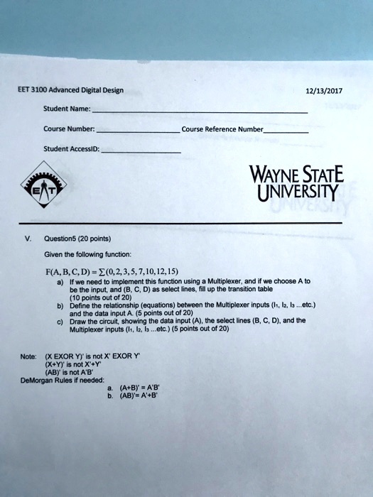 VIDEO solution: EET 3100 Advanced Digital Design 12/13/2017 Student Name: Course Number: Course ...