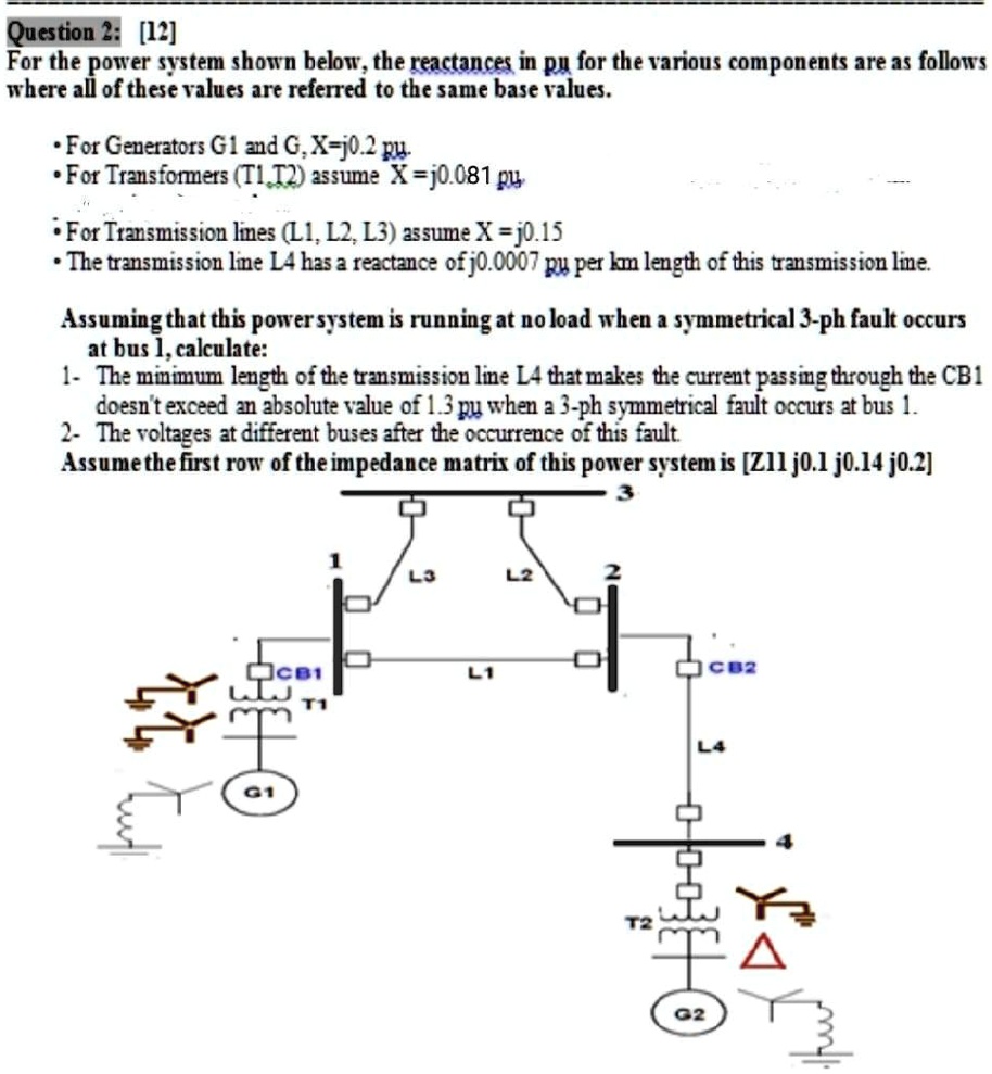 SOLVED: Question 2: [12] For the power system shown below, the reactances in pu for the various ...