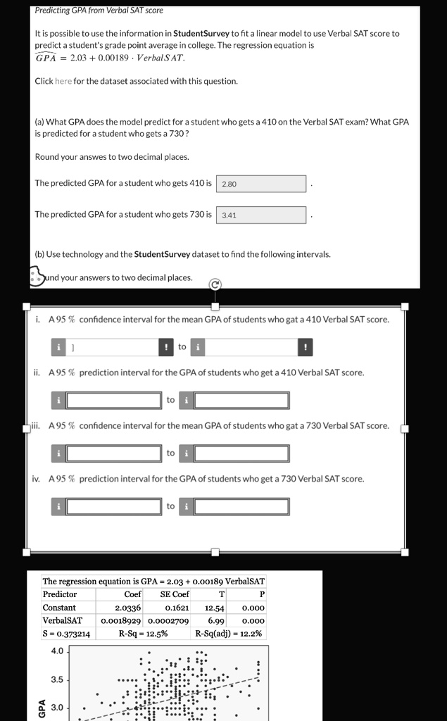 SOLVED: Text: Predicting GPA from Verbal SAT score It is possible to ...