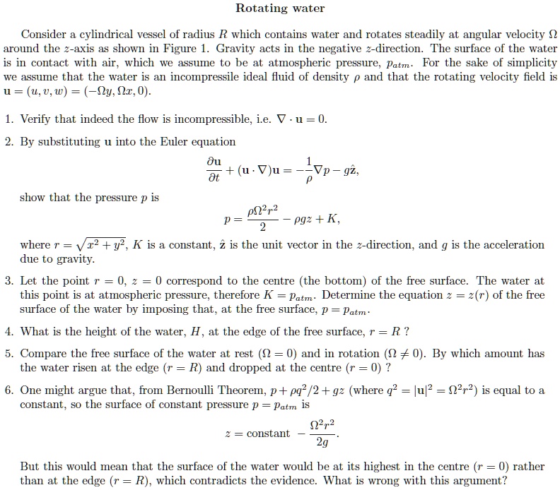 SOLVED: Title: Rotating Water and the Free Surface Equation Consider a cylindrical vessel of ...
