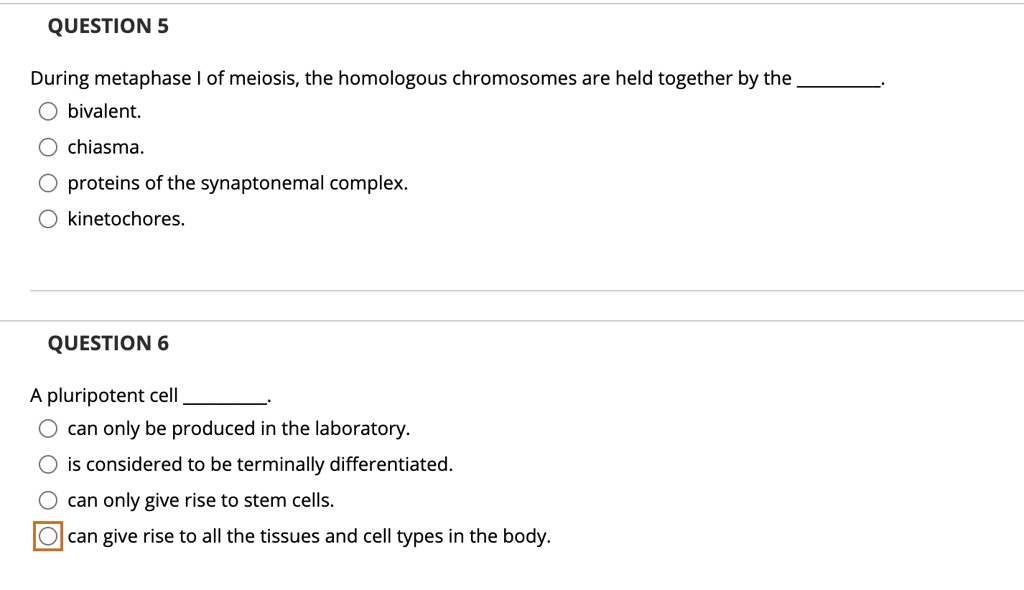 SOLVED: QUESTION 5 During metaphase of meiosis, the homologous ...
