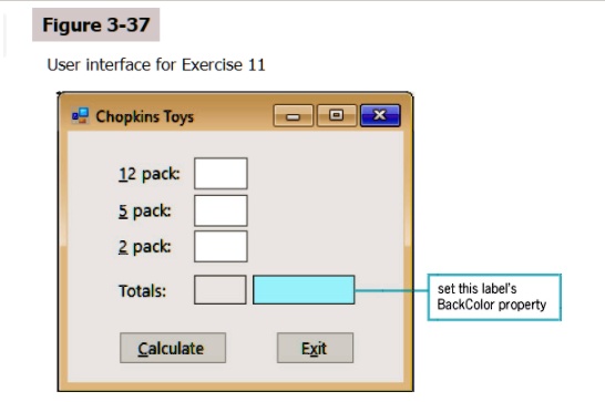 Figure 3-37 User interface for Exercise 11 Chopkins Toys 12 pack: 5 pack: 2 pack: Totals ...