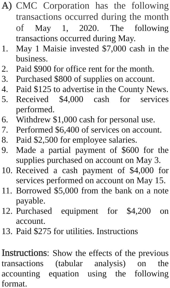 A) CMC Corporation has the following transactions occurred during the ...