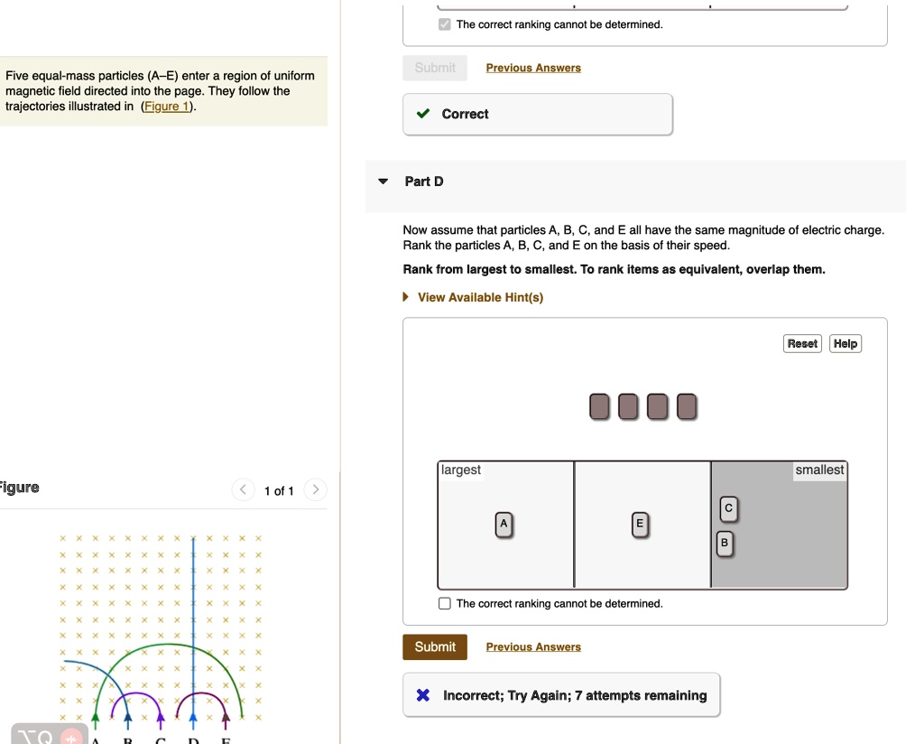 Five equal-mass particles (A-E) enter a region of uniform magnetic ...