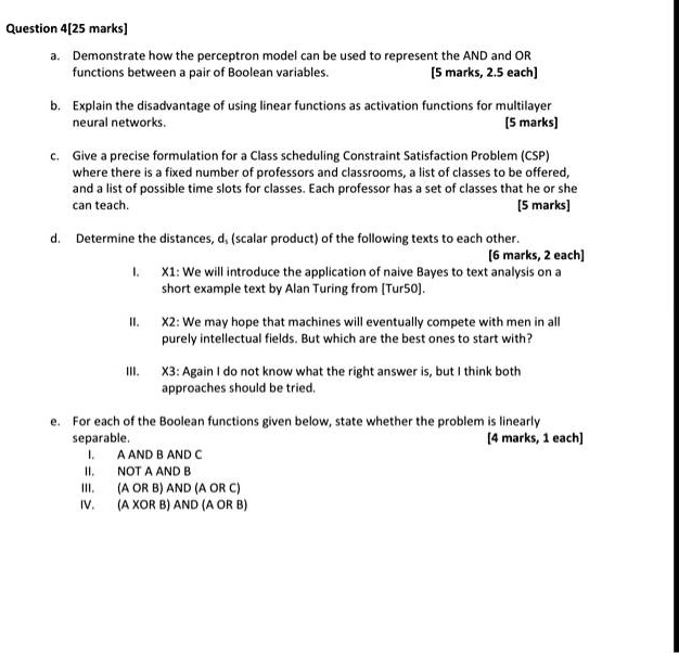 Question 4[25 marks] a. Demonstrate how the perceptron model can be ...