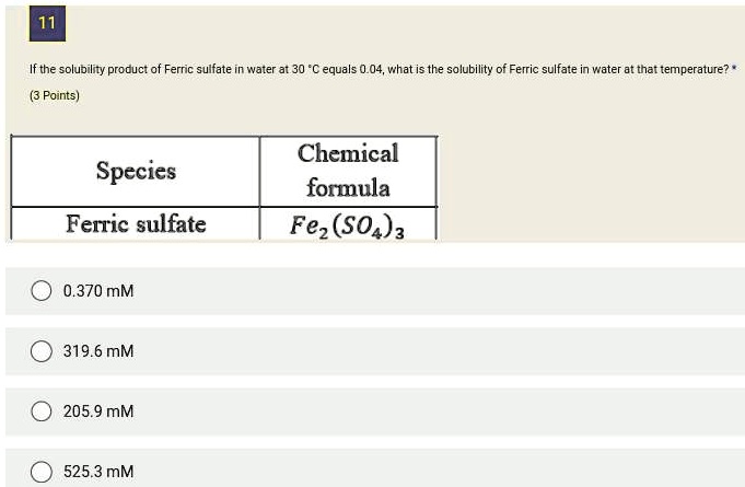 if the solubility produc ferric sulfate water at 30 equals 04what is ...