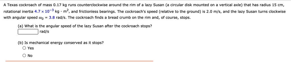 SOLVED: Texas cockroach of mass 0.17 kg runs counterclockwise around the rim of lazy Susan (a ...