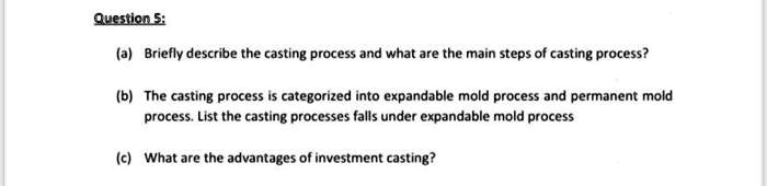 SOLVED: Question 5; Briefly describe the casting process and what are ...