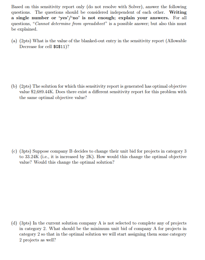 Based on this sensitivity report only (do not resolve with Solver), answer the following ...