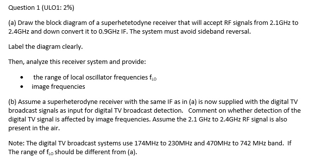 Question 1 (ULO1: 2%) (a) Draw the block diagram of a superhetetodyne receiver that will accept ...
