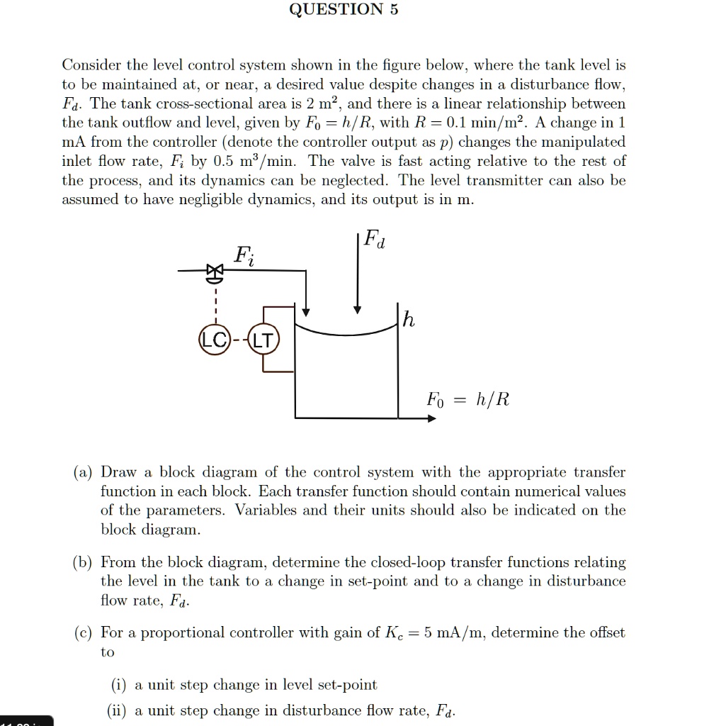 question 5 consider the level control system shown in the figure below where the tank level is ...