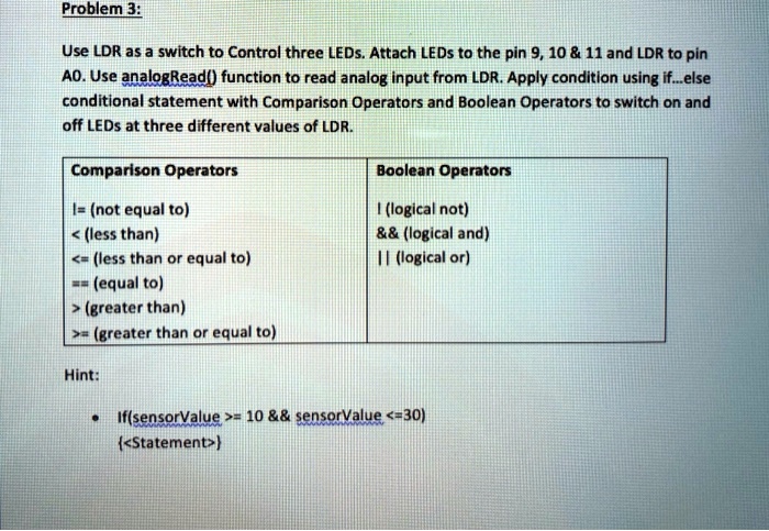 SOLVED: Problem 3: Use an LDR as a switch to control three LEDs. Attach ... SOLVED: Problem 3: Use an LDR as a switch to control three LEDs. Attach ...