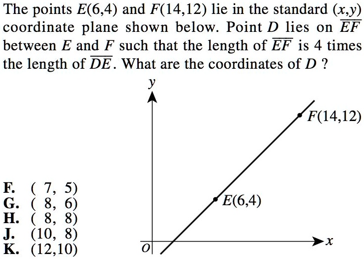 SOLVED: The points E(6,4) and F(14,12) lie in the standard (x,y) coordinate plane shown below ...