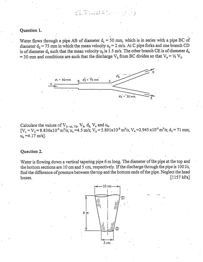 Question 1. Water flows through a pipe AB of diameter d1 = 50 mm, which ...