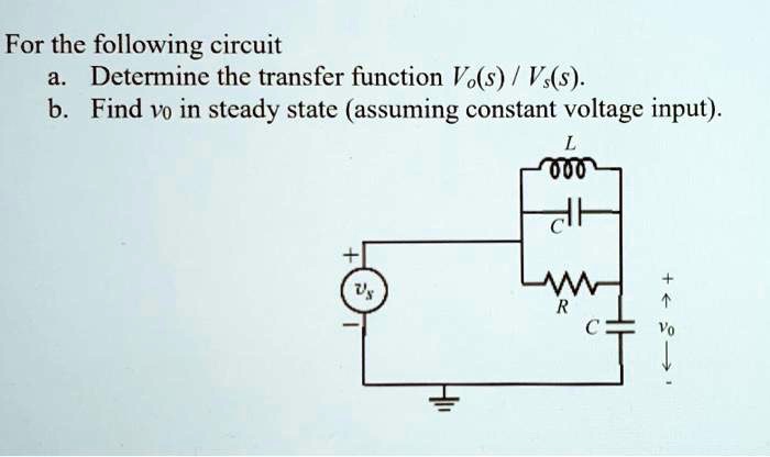 SOLVED: For the following circuit Determine the transfer function Vo(s) Vs(s): b Find vo in ...