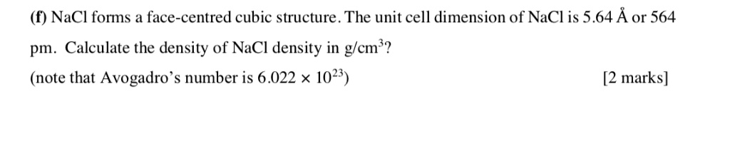 SOLVED: NaCl forms a face-centred cubic structure. The unit cell ...