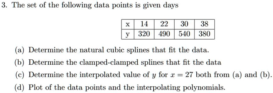 3. The set of the following data points is given days X 14 y 320 22 30 38 490 540 380 a ...