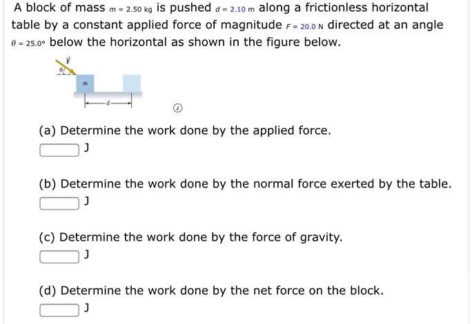 a block of mass 250 kg is pushed d 210 m along frictionless horizontal table by a constant ...