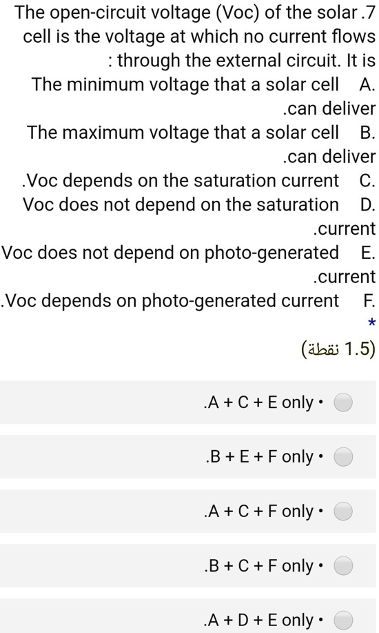 SOLVED: The open-circuit voltage (Voc) of the solar cell is the voltage at which no current ...