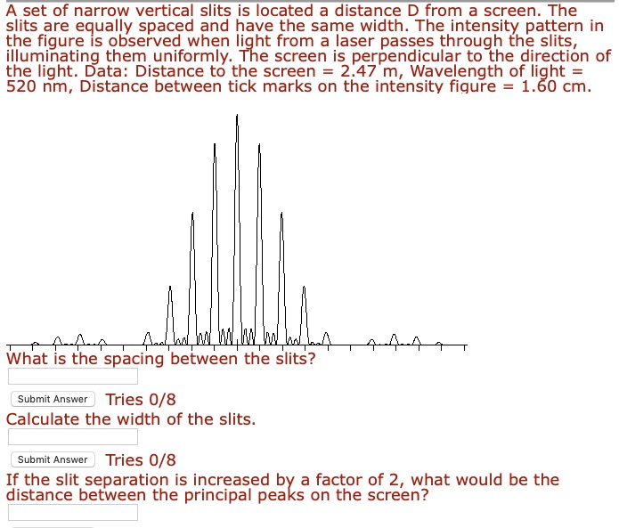 a set of narrow vertical slits is located a distance d from a screen ...