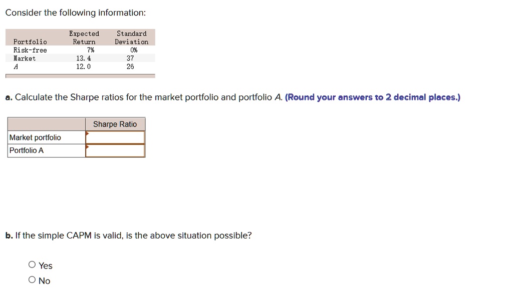SOLVED: Consider the following information: Expected Return Standard Deviation Portfolio Risk ...