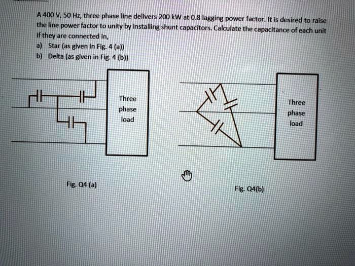 A 400 V, 50 Hz, three phase line delivers 200 kW at 0.8...