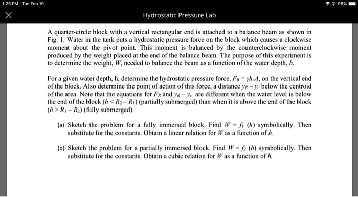 Hydrostatic Pressure Lab A quarter-circle block with a vertical ...