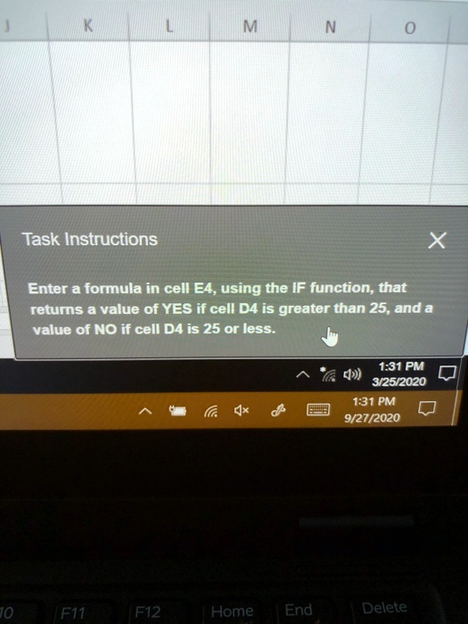 Text: M N 0 Task Instructions X Enter a formula in cell E4, using the IF function, that returns ...
